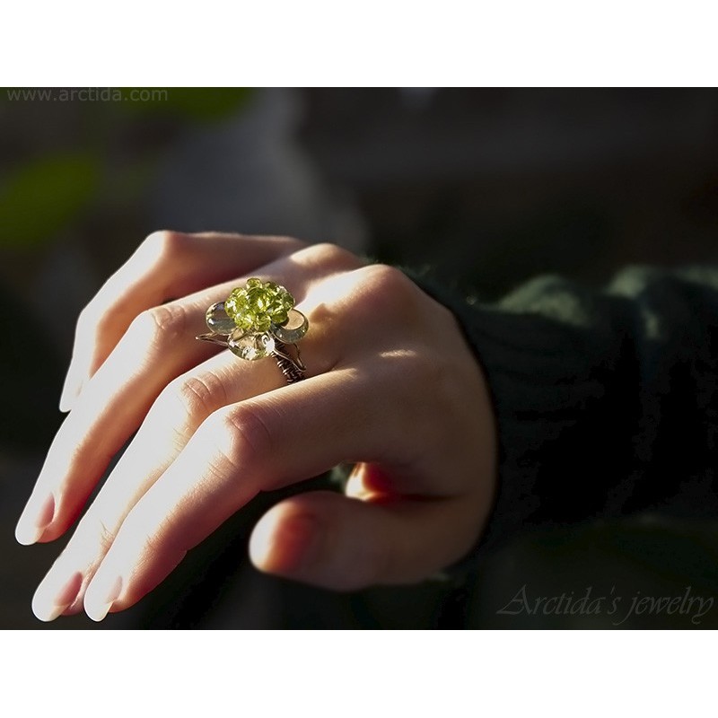 Green gemstone flower ring Prasiolite Peridot sterling silver ring