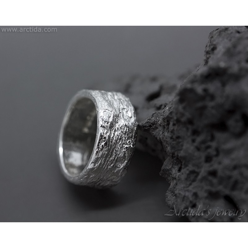 Carved massive ring with tree bark texture wide band for men or unisex