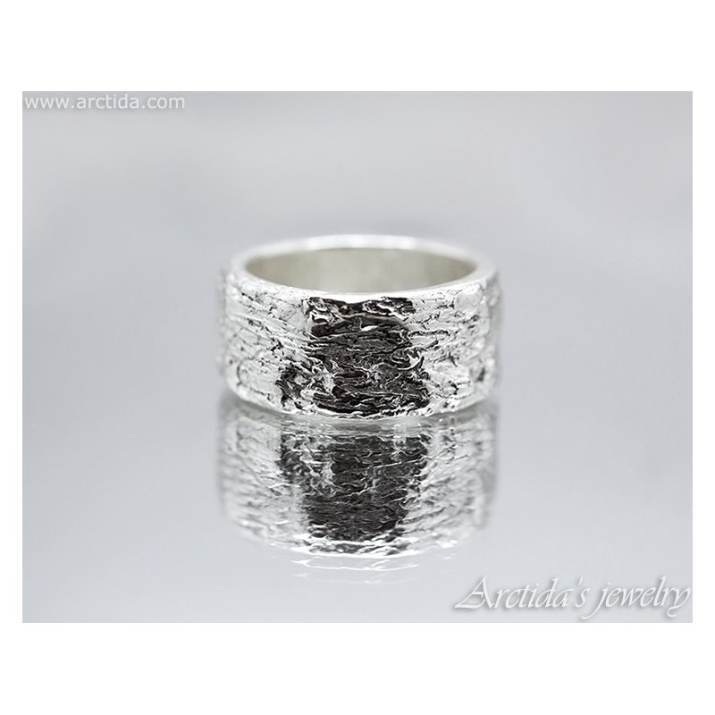 Carved massive ring with tree bark texture wide band for men or unisex