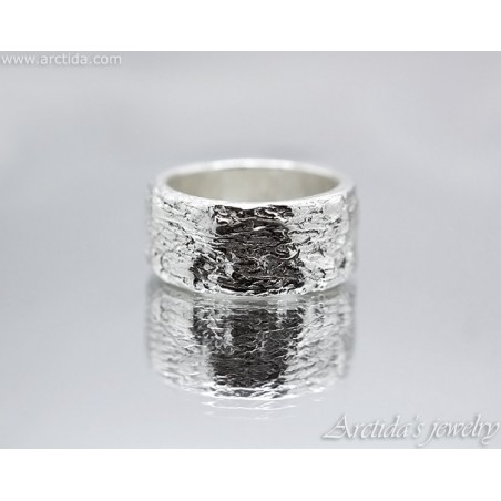 Carved massive ring with tree bark texture wide band for men or unisex