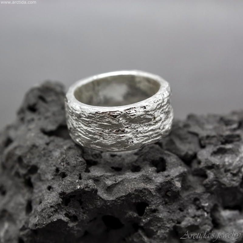 Carved massive ring with tree bark texture wide band for men or unisex